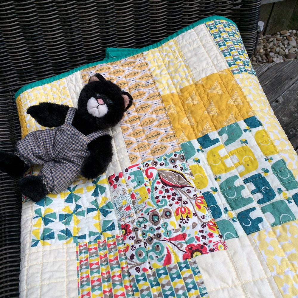 Handmade Yellow Patchwork Baby Quilt Whimsical Elephant - Etsy