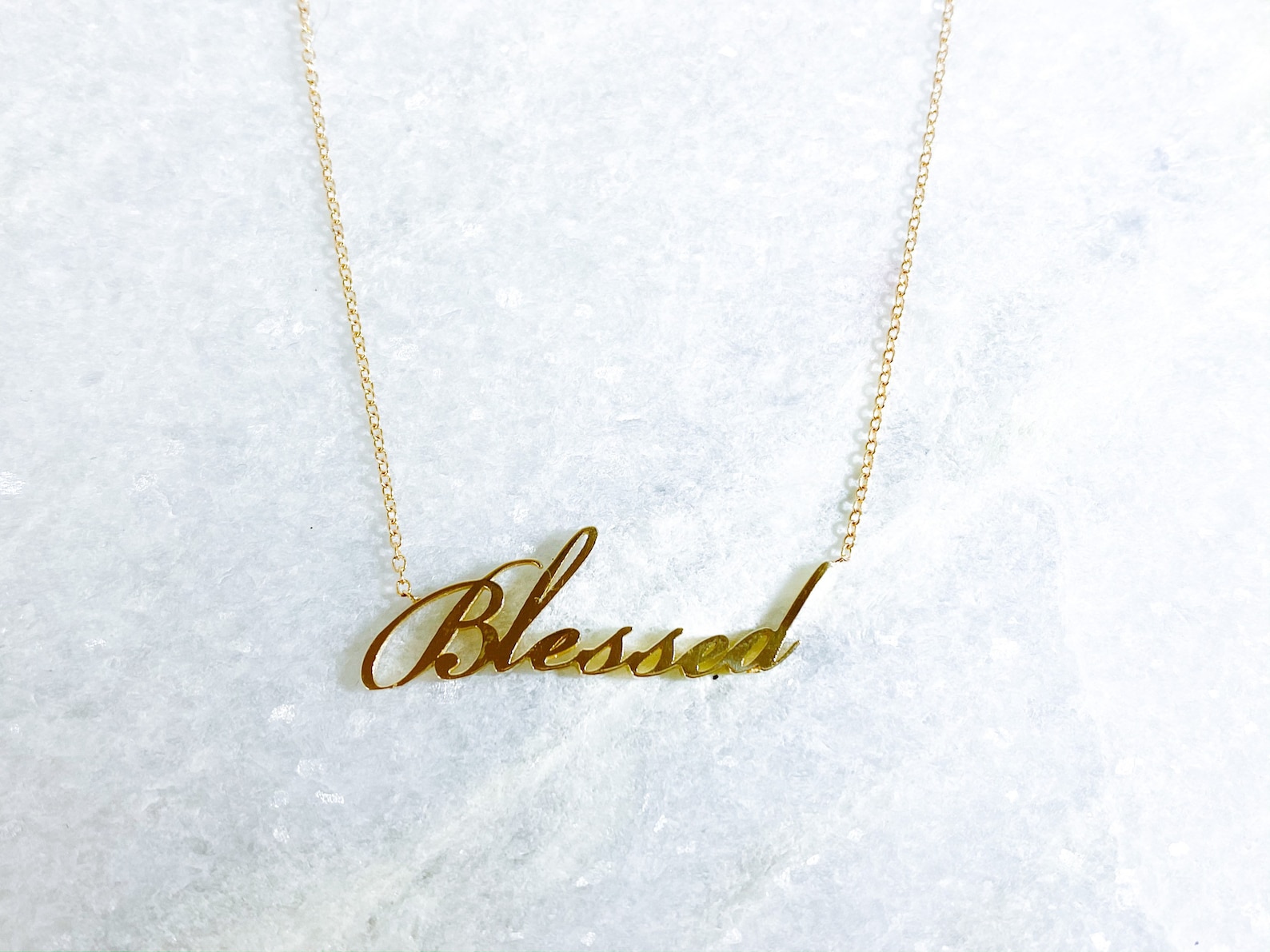 14k Solid Gold Blessed Necklace Script Necklace - Etsy