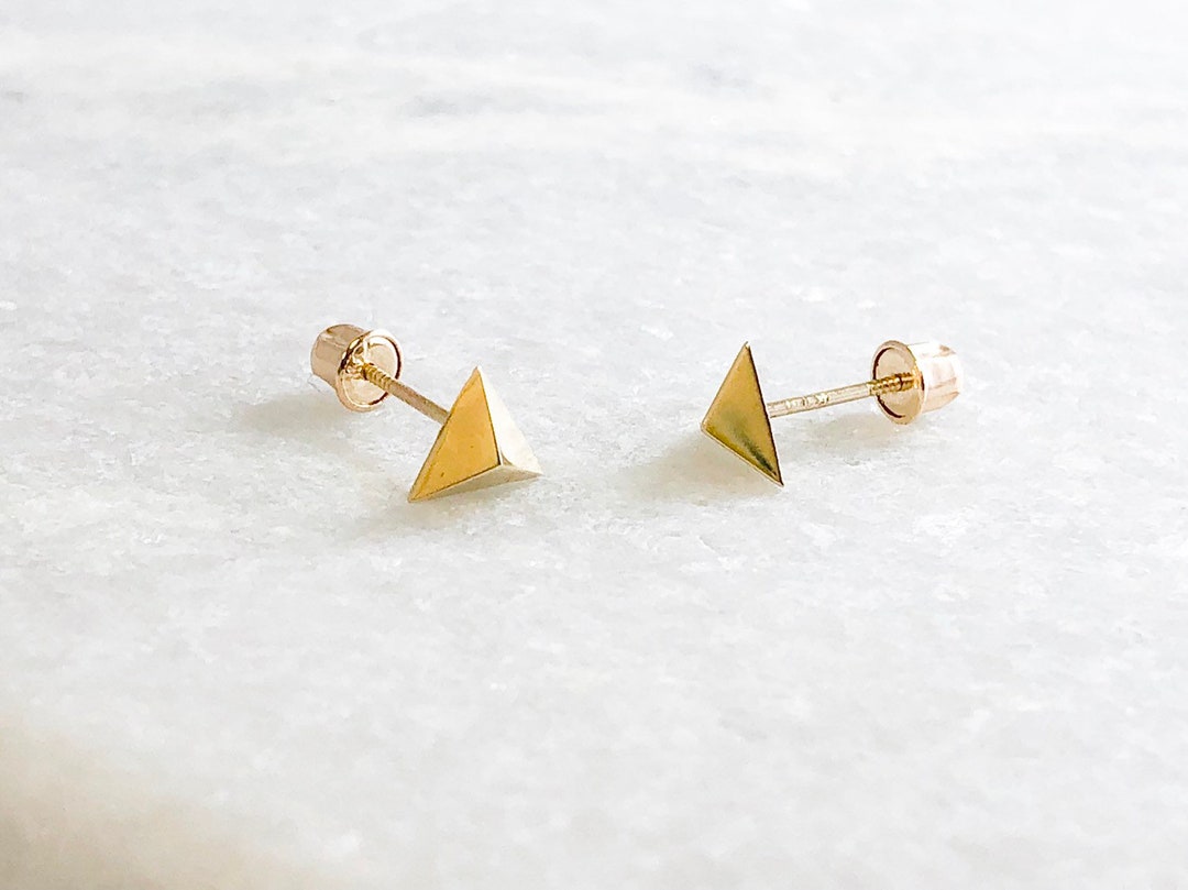 Minimal Dainty Solid 14k Gold Triangle Stud Earrings | Screw Back ...