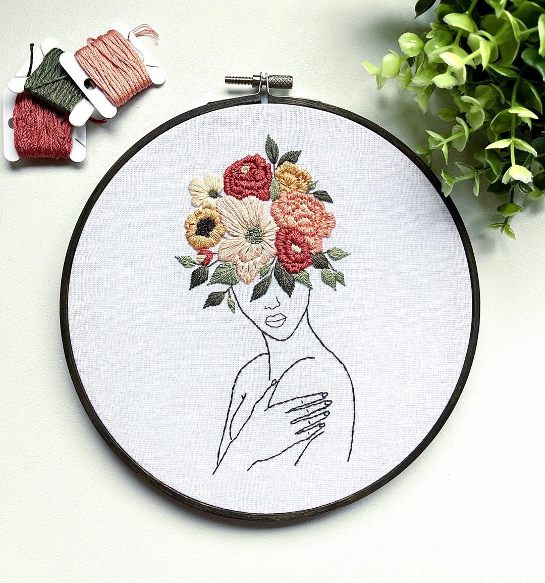Floral Woman Embroidery Hoop, Finished Flowers Embroidery, Embroidery ...