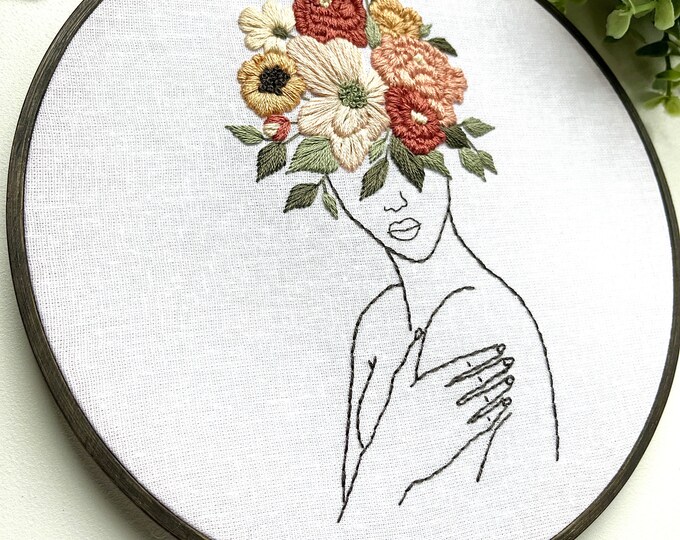 Floral Woman Embroidery Hoop, Finished Flowers Embroidery, Embroidery ...