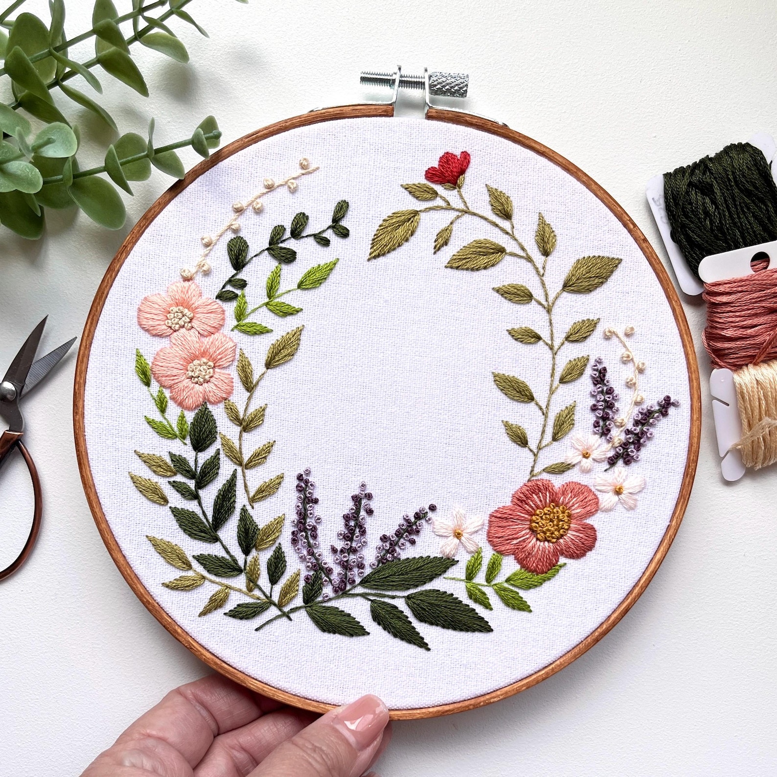 Hand Embroidered Floral Wreath Hoop Art – 7” Botanical Wall Decor ...
