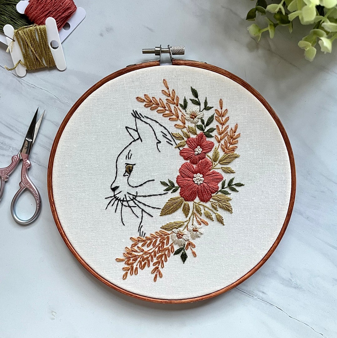 Floral Cat Embroidery Hoop, Finished Embroidery, Wall Art, Modern ...