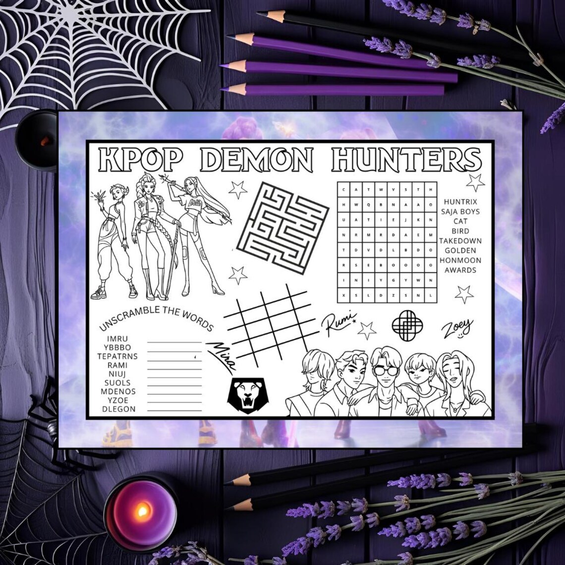 K-pop Demon Hunters Activity Sheet | Printable Coloring, Maze, Word ...