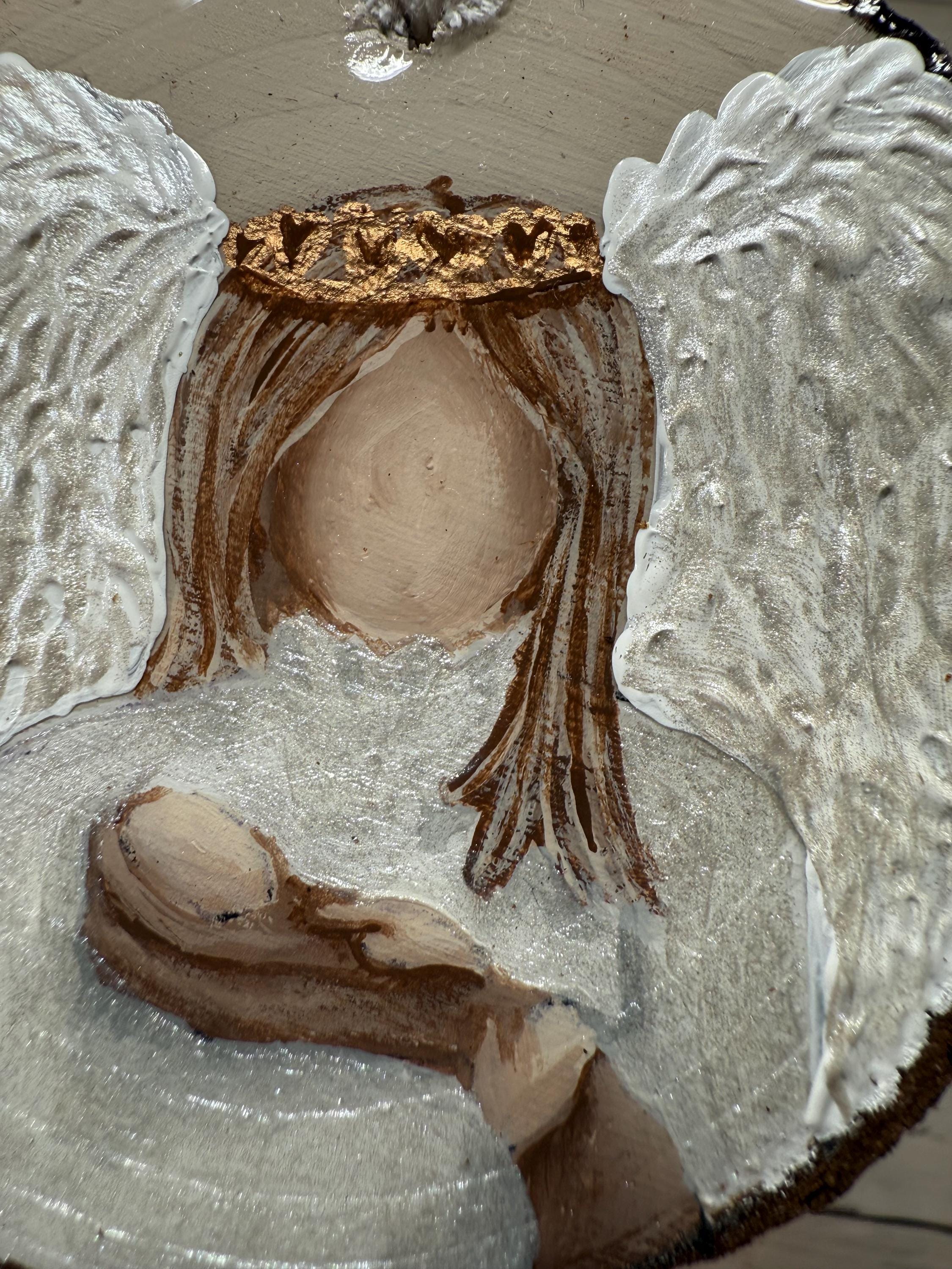 Angel Ornament Holding Baby - Hand-painted Nativity-inspired Wood Slice ...