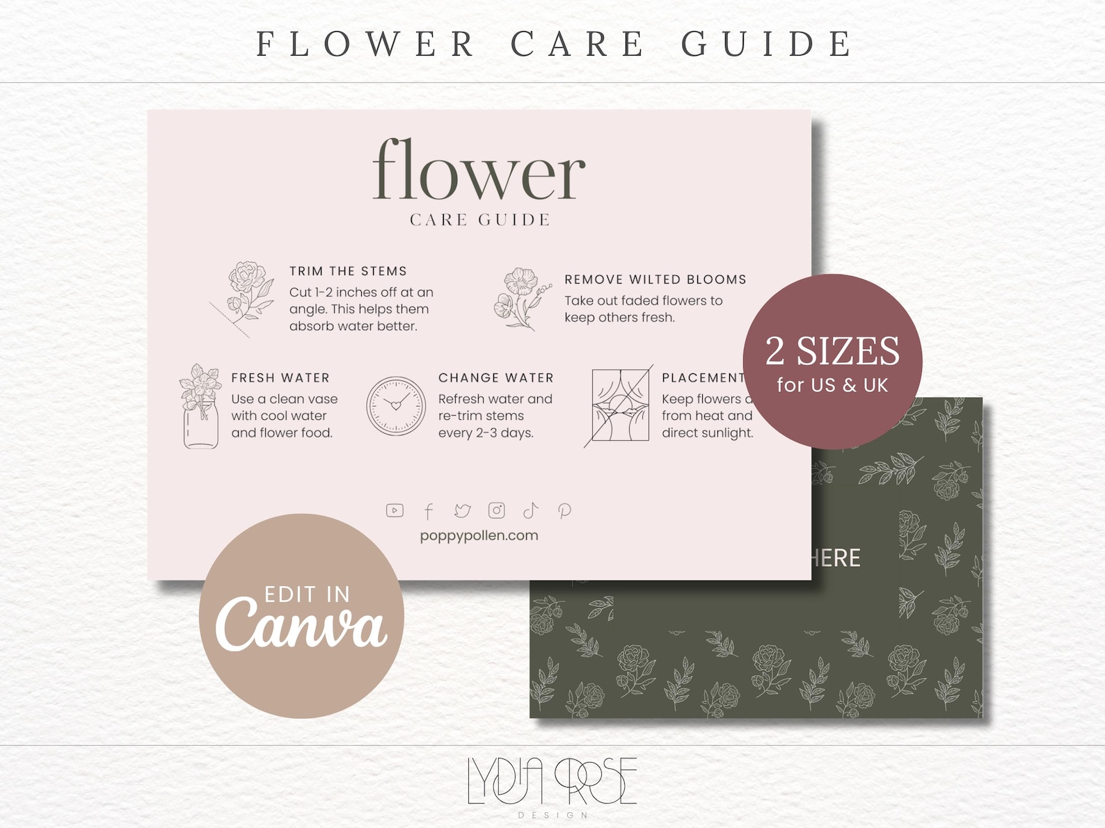 Editable Flowers Care Card Template | Flower Care | Fresh Flowers Guide ...