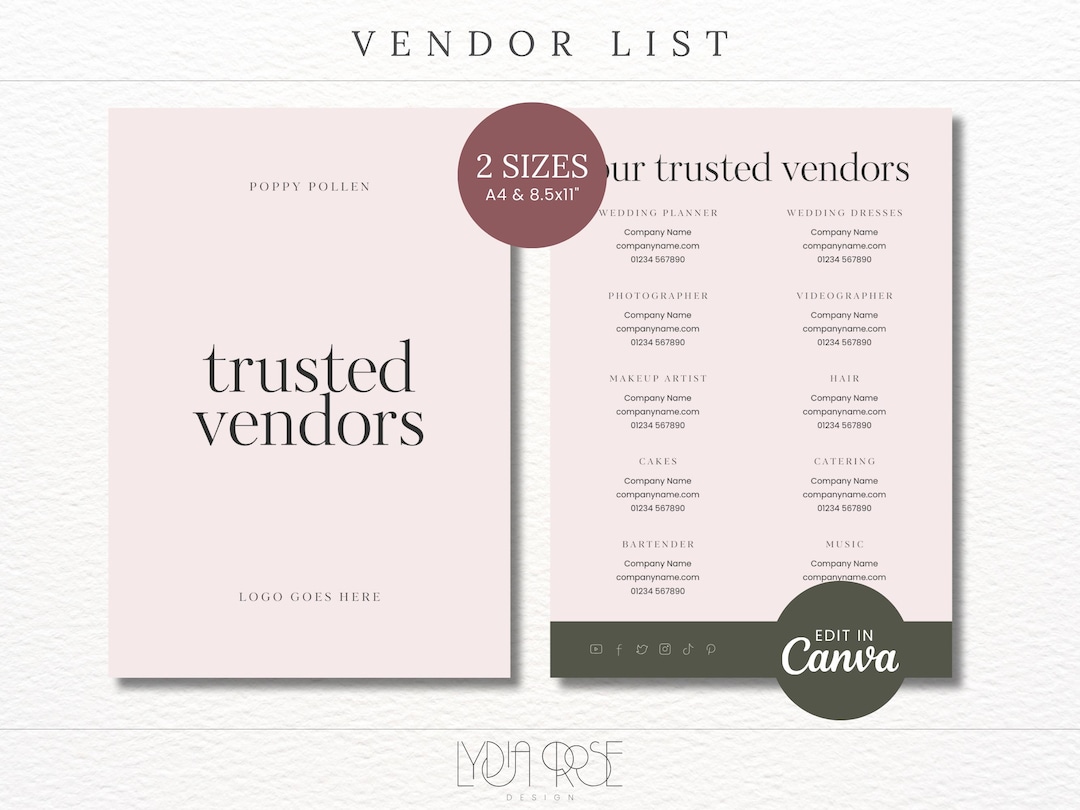 Wedding Vendor List | Editable Canva Template | Boutique Vendor List ...