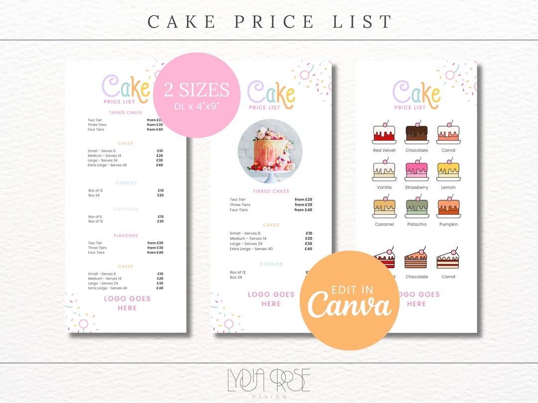 Rainbow Cake Price List - Price List for Bakery - Editable in Canva ...