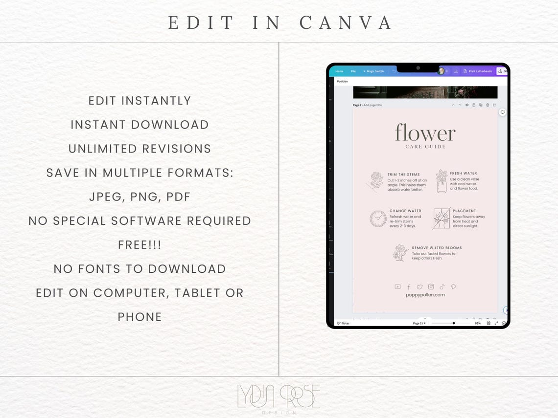 Editable Flowers Care Card Template | Flower Care | Fresh Flowers Guide ...