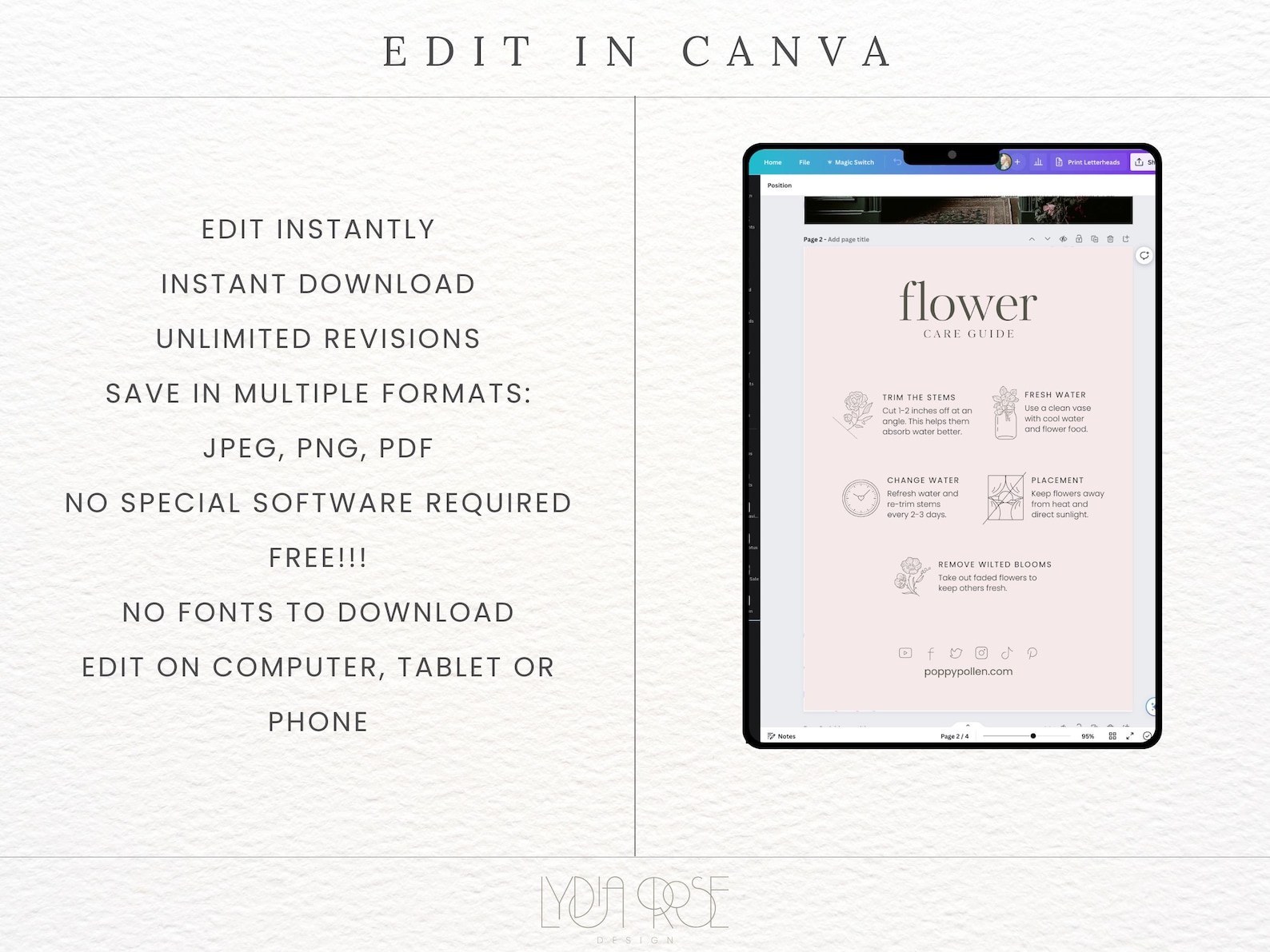 Editable Flowers Care Card Template | Flower Care | Fresh Flowers Guide ...