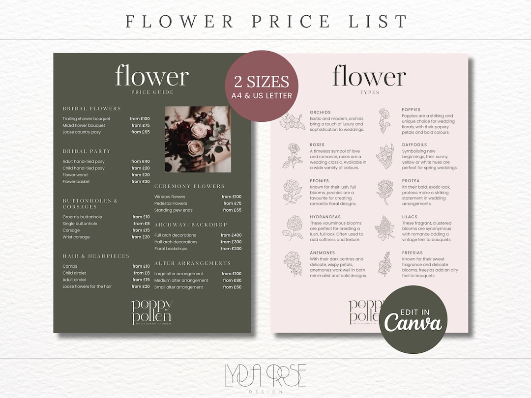 Customisable Floral Pricing List Sheet Template | Flower Bouquet Price ...