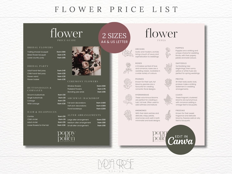 Customisable Floral Pricing List Sheet Template | Flower Bouquet Price ...