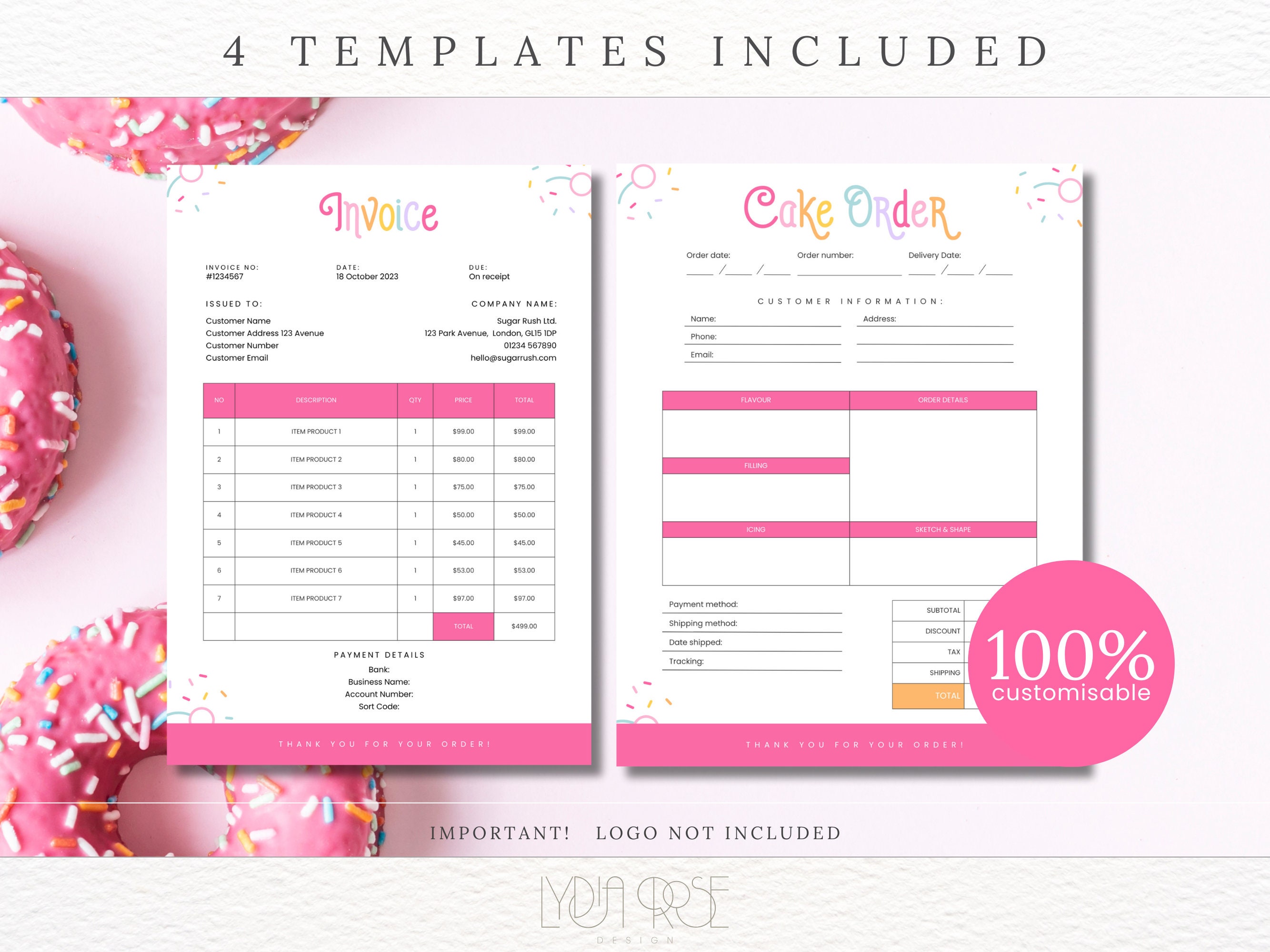 Rainbow Cake Business Documents - Invoice for Bakery - Editable in ...