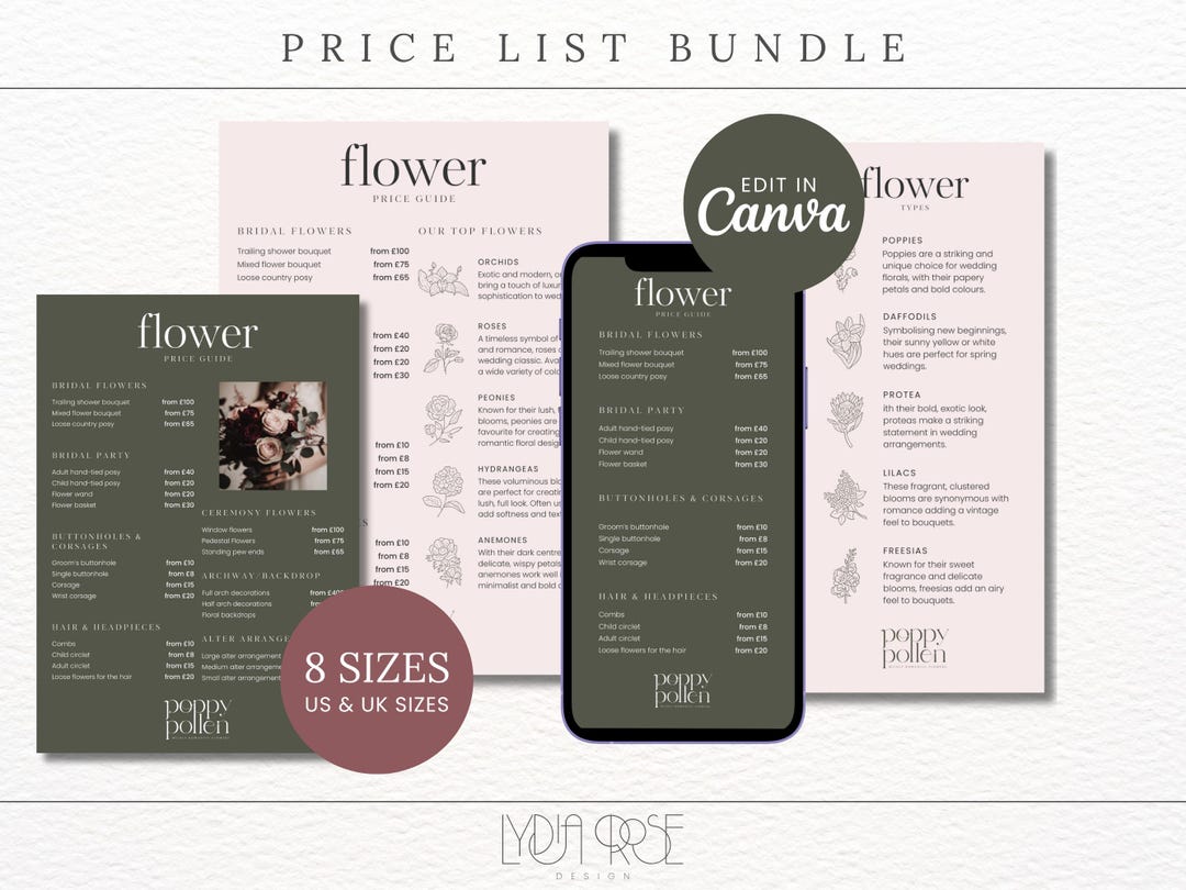 Florist Price List - Price List for Flowers - Editable in Canva Wedding ...
