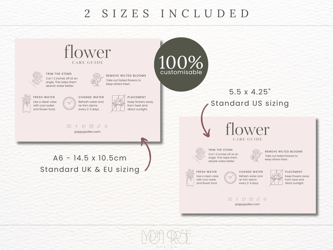 Editable Flowers Care Card Template | Flower Care | Fresh Flowers Guide ...
