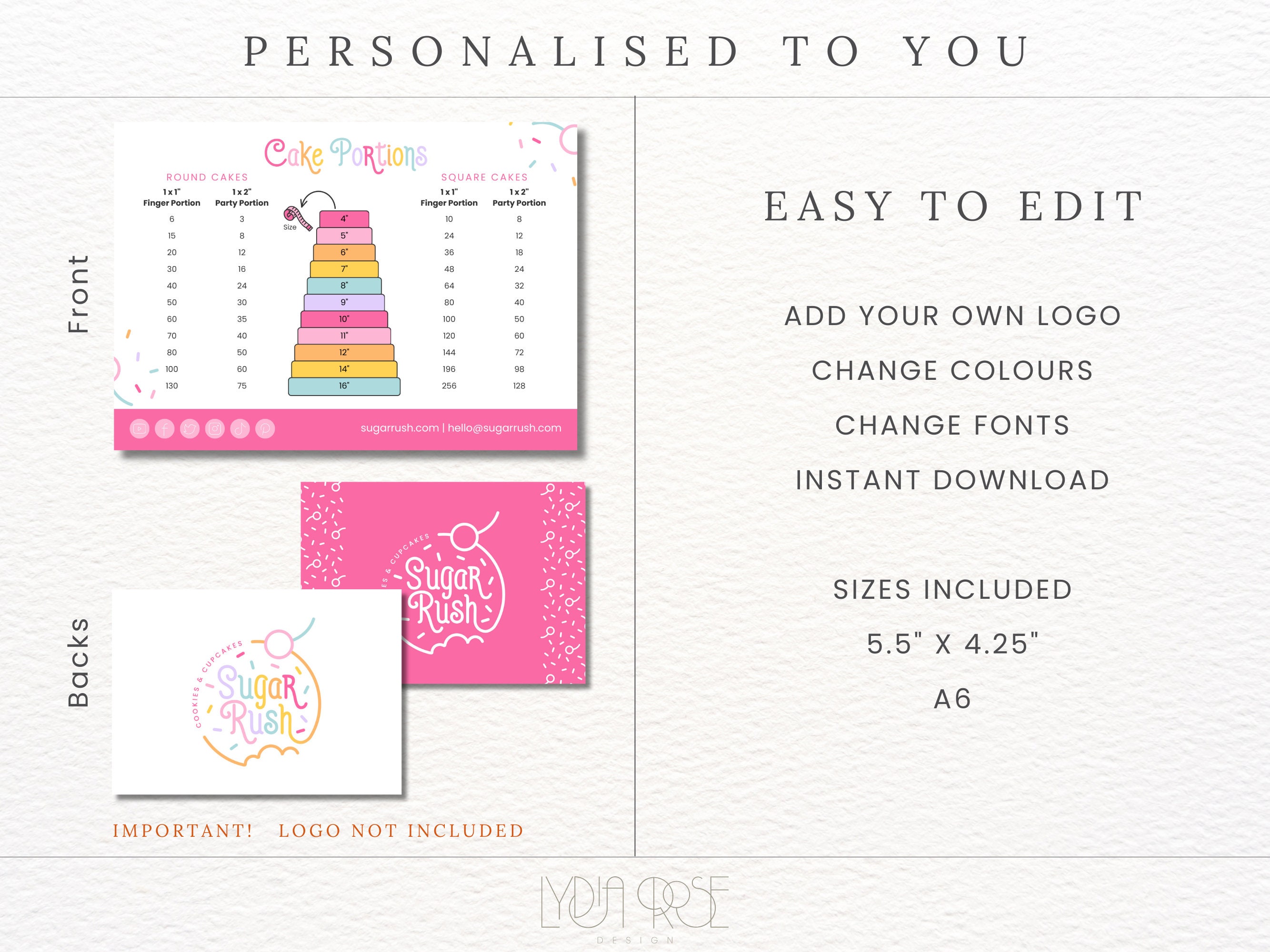 Rainbow Cake Portions Card - A6 / 5.5x4.25" Cake Portions for Bakery ...