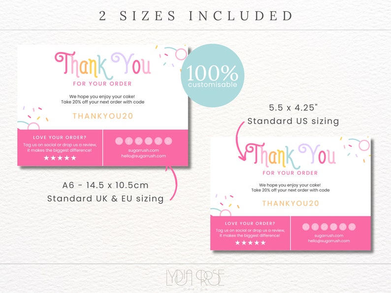 Rainbow Thank You Card A6 / 5.5x4.25 Thank You Card for Bakery Editable ...