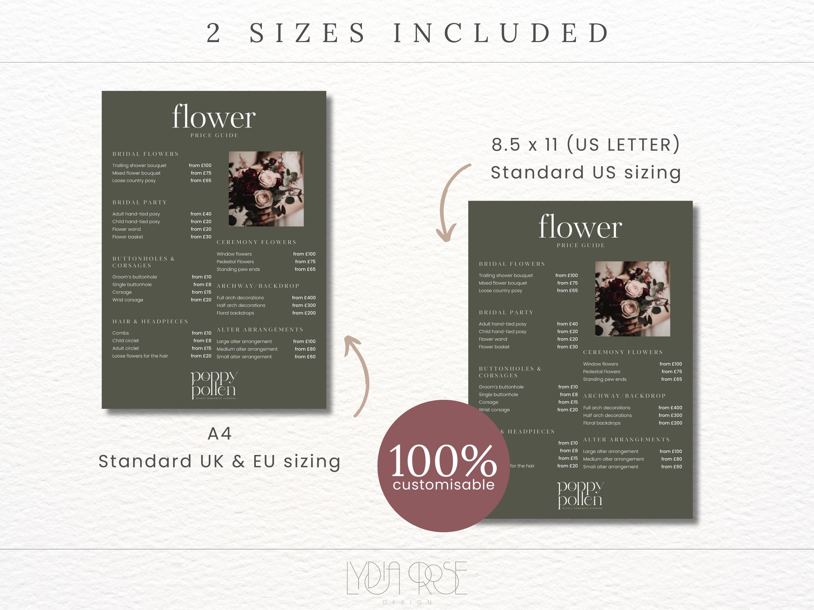 Customisable Floral Pricing List Sheet Template | Flower Bouquet Price ...