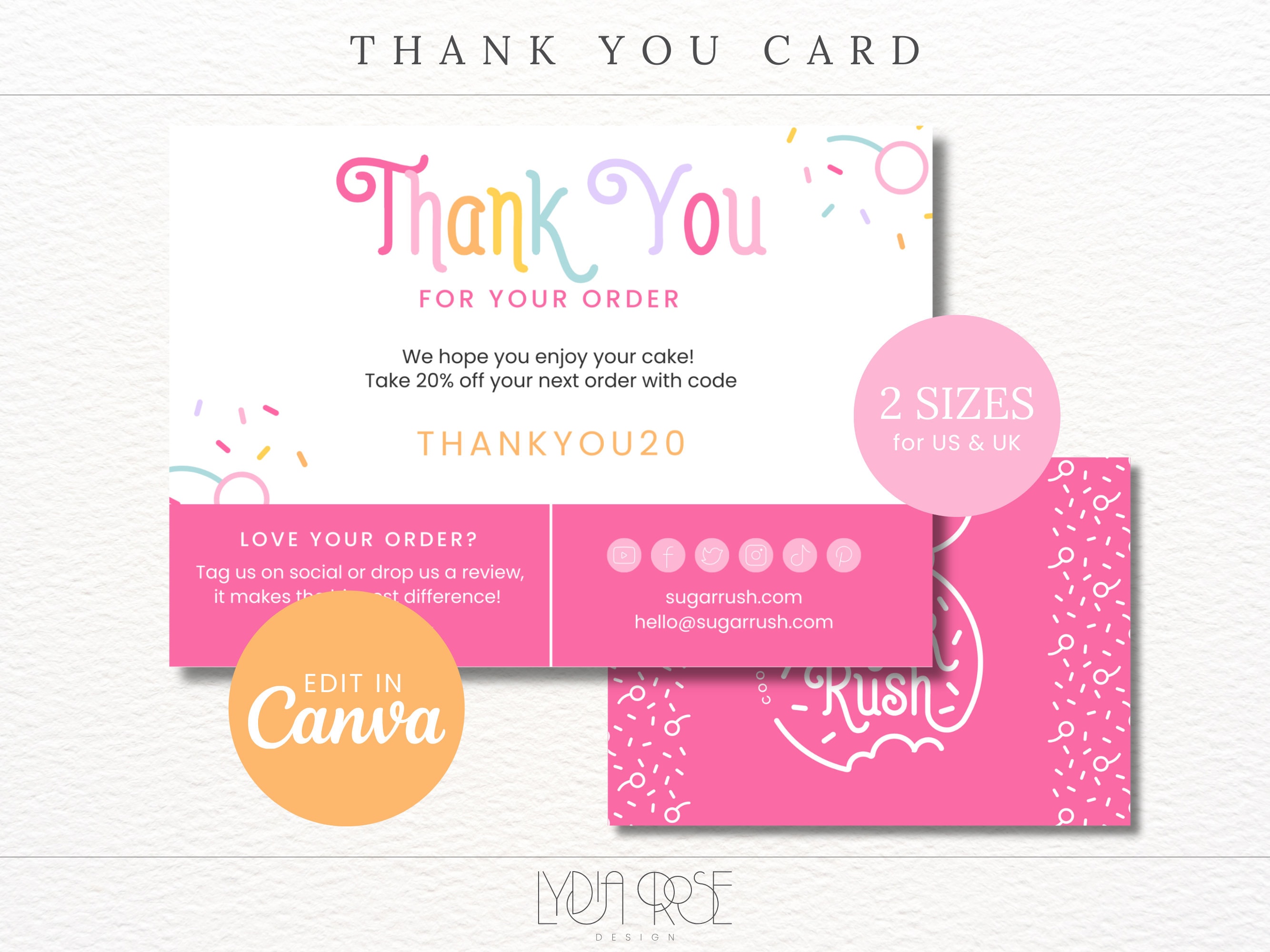 Rainbow Thank You Card A6 / 5.5x4.25 Thank You Card for Bakery Editable ...