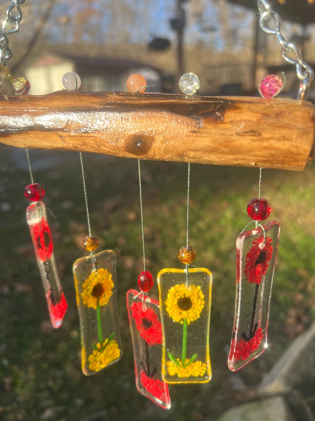 Handmade Fused Glass Wind Chimes: Red Poppies & Yellow Flowers - Etsy
