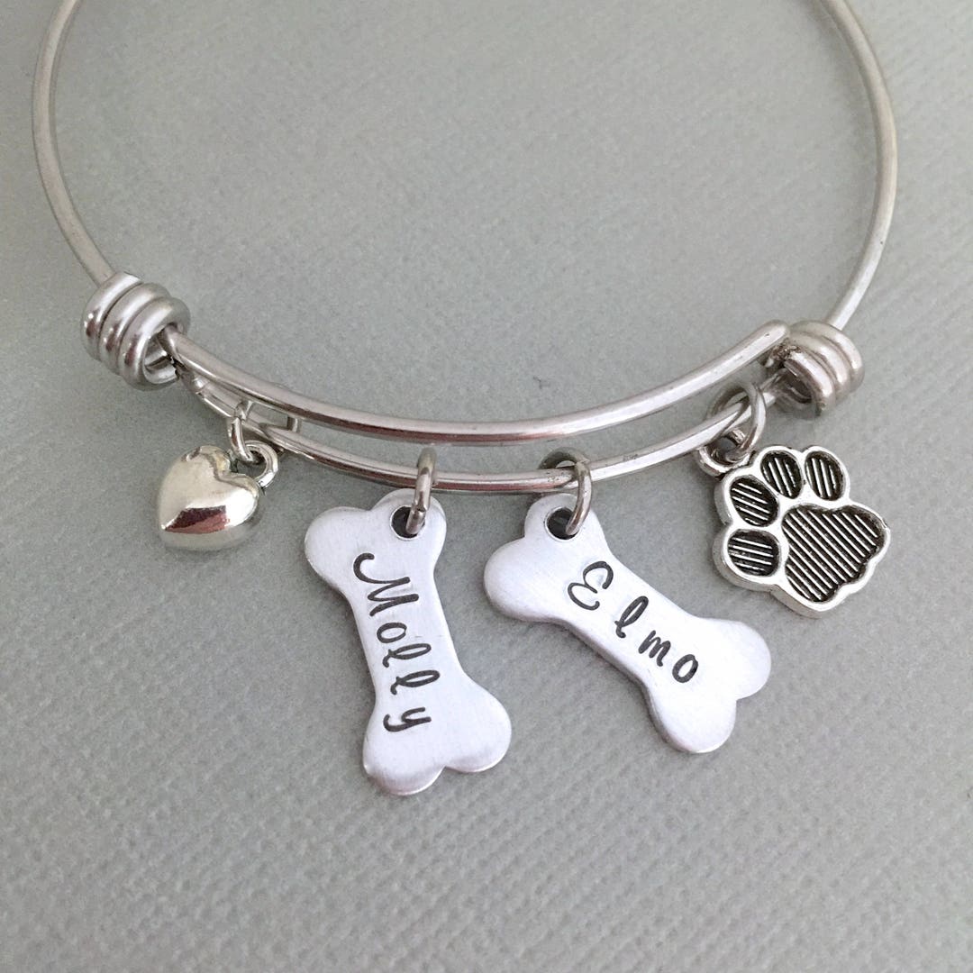 Hand Stamped Pet Bracelet, Dog Mom Bracelet, Pet Names, Paw Charm ...