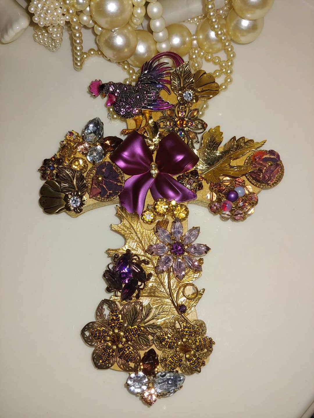 Purple Bows Purple Rooster! Decorated Wood Jeweled Cross Wall Hanging ...