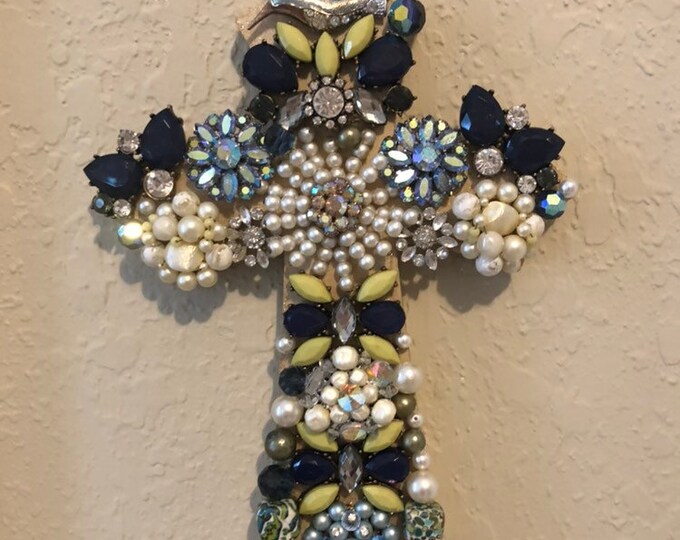 Blue, Green & White Embellished Wood Jeweled Cross Wall Hanging. Bling ...