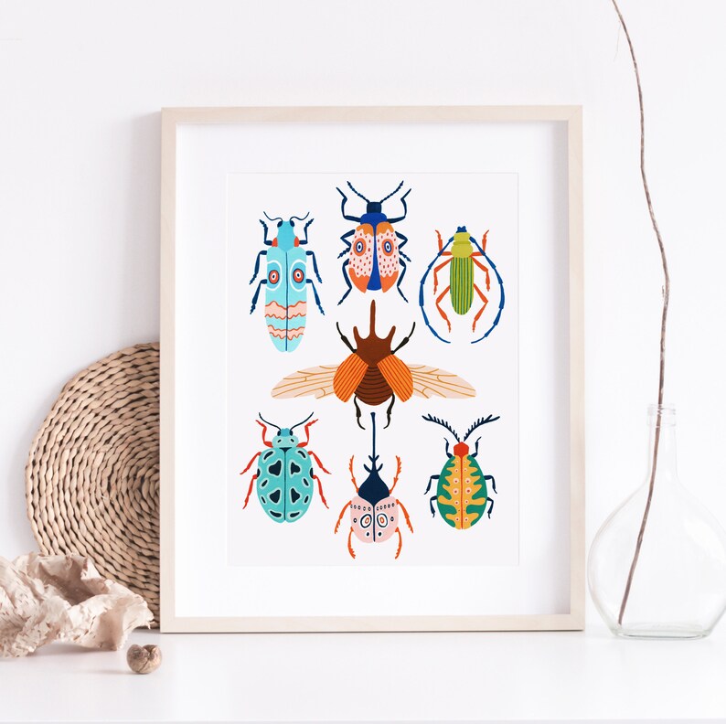 Vibrant Beetle Print, Insect Print, Nursery Wall Art, Bugs Print, Kids ...