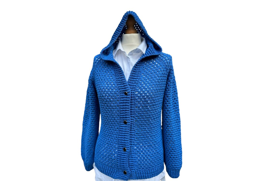 Blue Cotton Crochet Cardigan, Trendy Woman Blue Cotton Cardigan, Woman ...