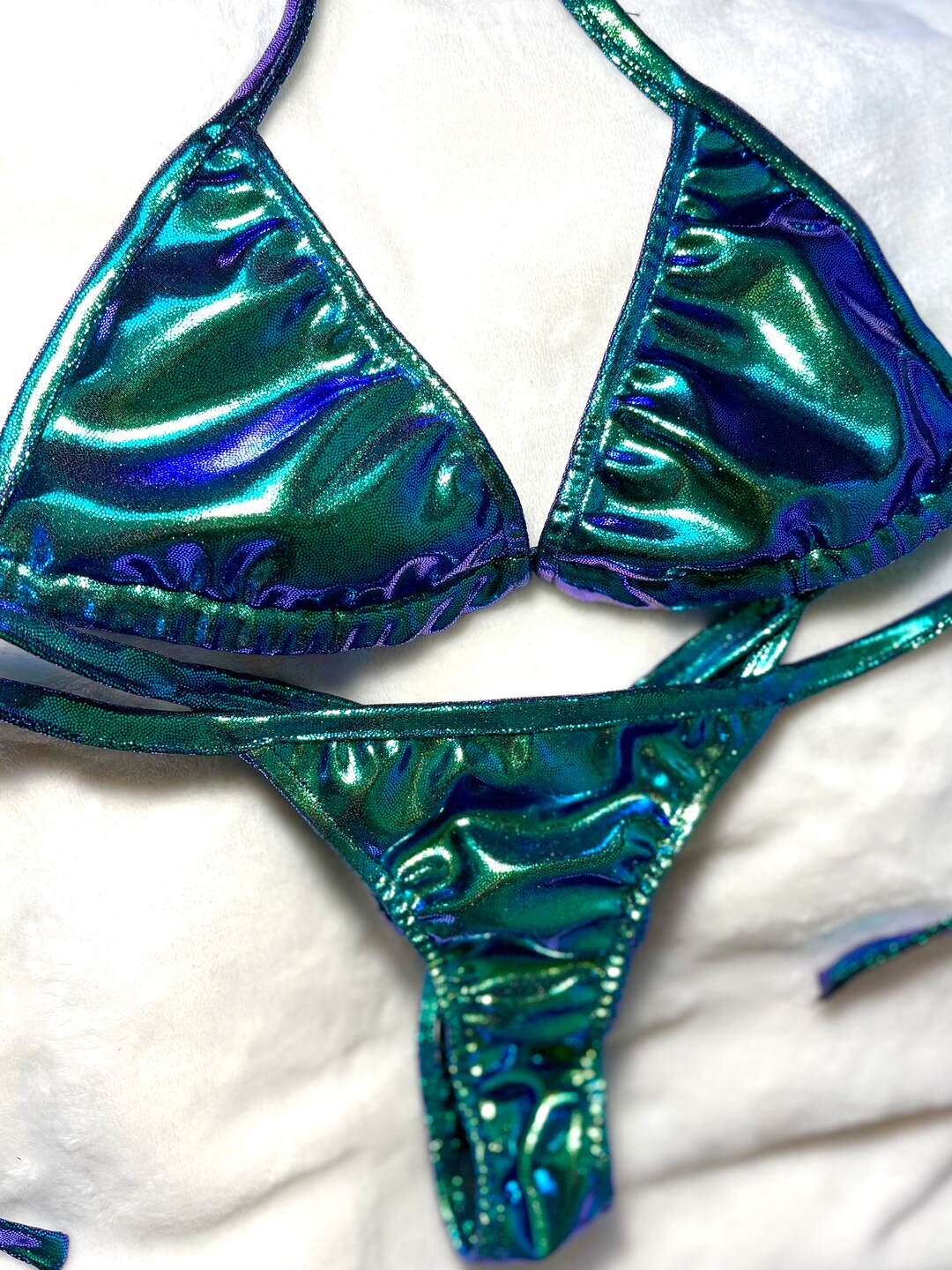 New Posing Practice Suit Competition Emerald Green Oil Slick Bikini Holographic Adjustable ...