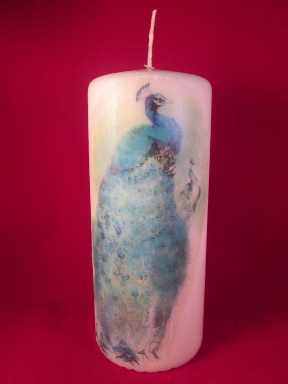 Peacock Candle Peacock gift Large Pillar Candle Decorated | Etsy