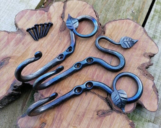 Set of 3 Hand Forged Leaf End Wall Hooks - Etsy