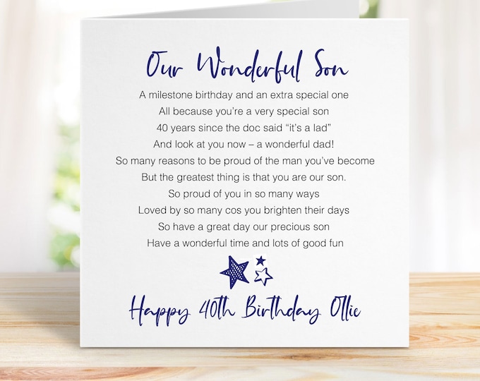 40th Birthday Card for Son, Birthday Card for Him, Happy 40th Greetings ...