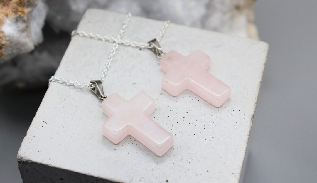 Real Rose Quartz Cross Necklace, Rose Quartz Cross Pendant, Rose Quartz ...
