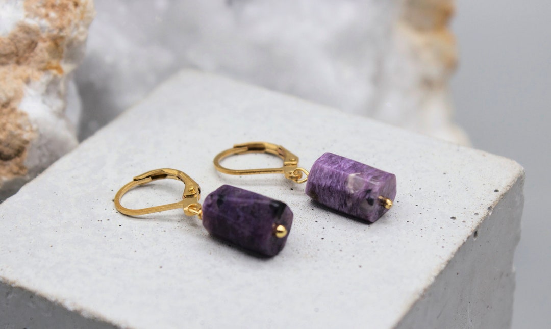 Real Charoite Earrings, Gold Crystal Earrings, Charoite Crystal ...