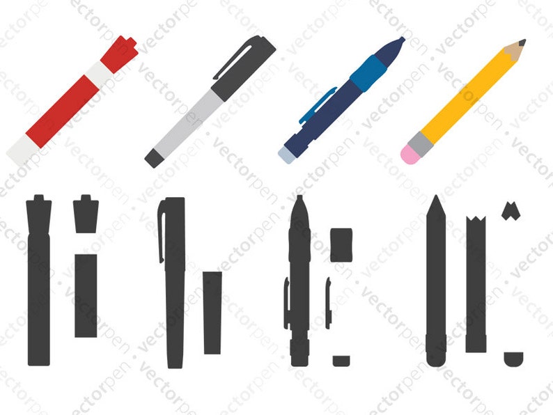 4 Pens and Pencils SVG Icons. Educational Clip Art for Use in Cricut ...