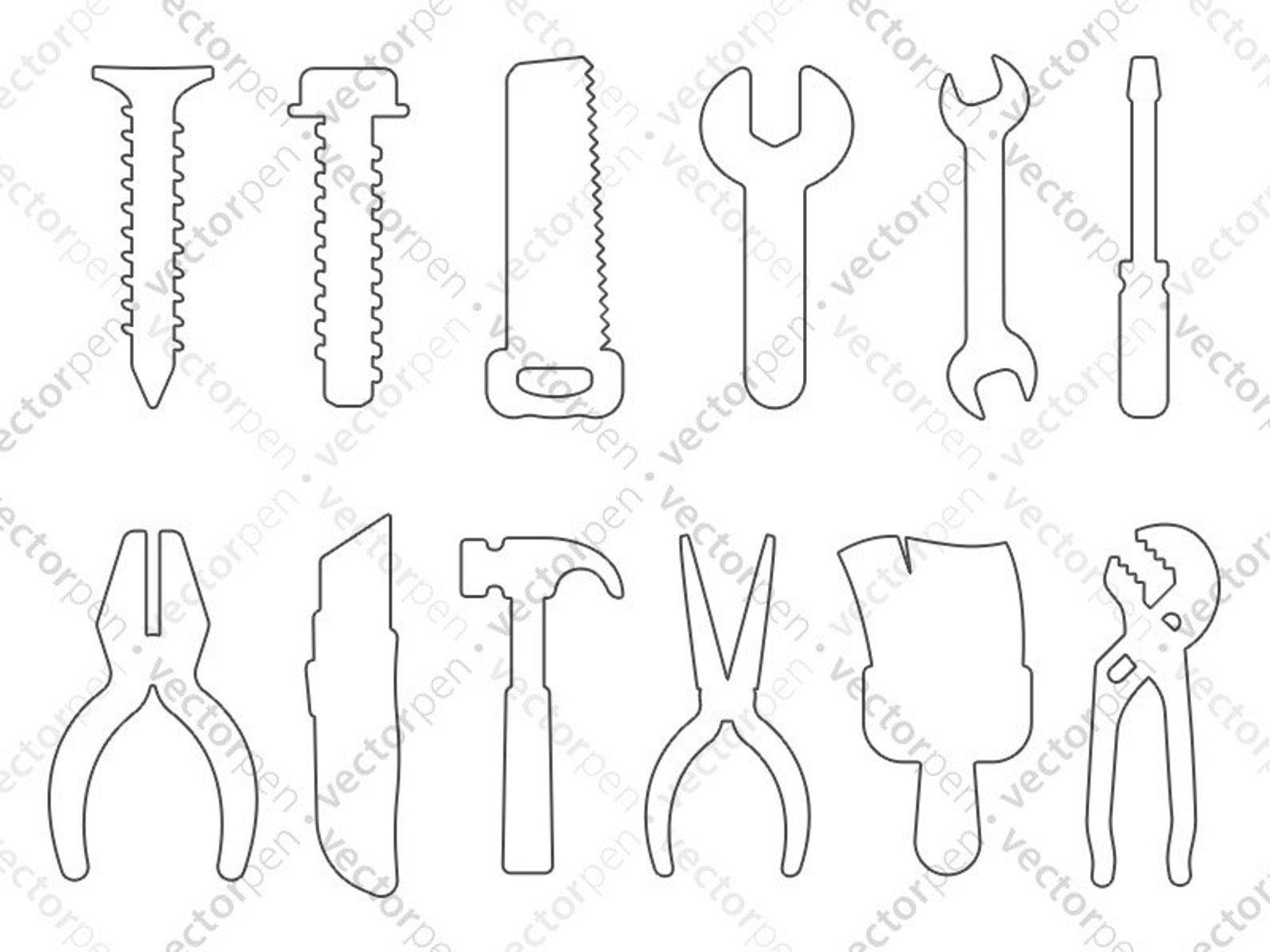 Tool Icons SVG. 12 Werkzeuge (Schrauben, Hammer, Säge ...