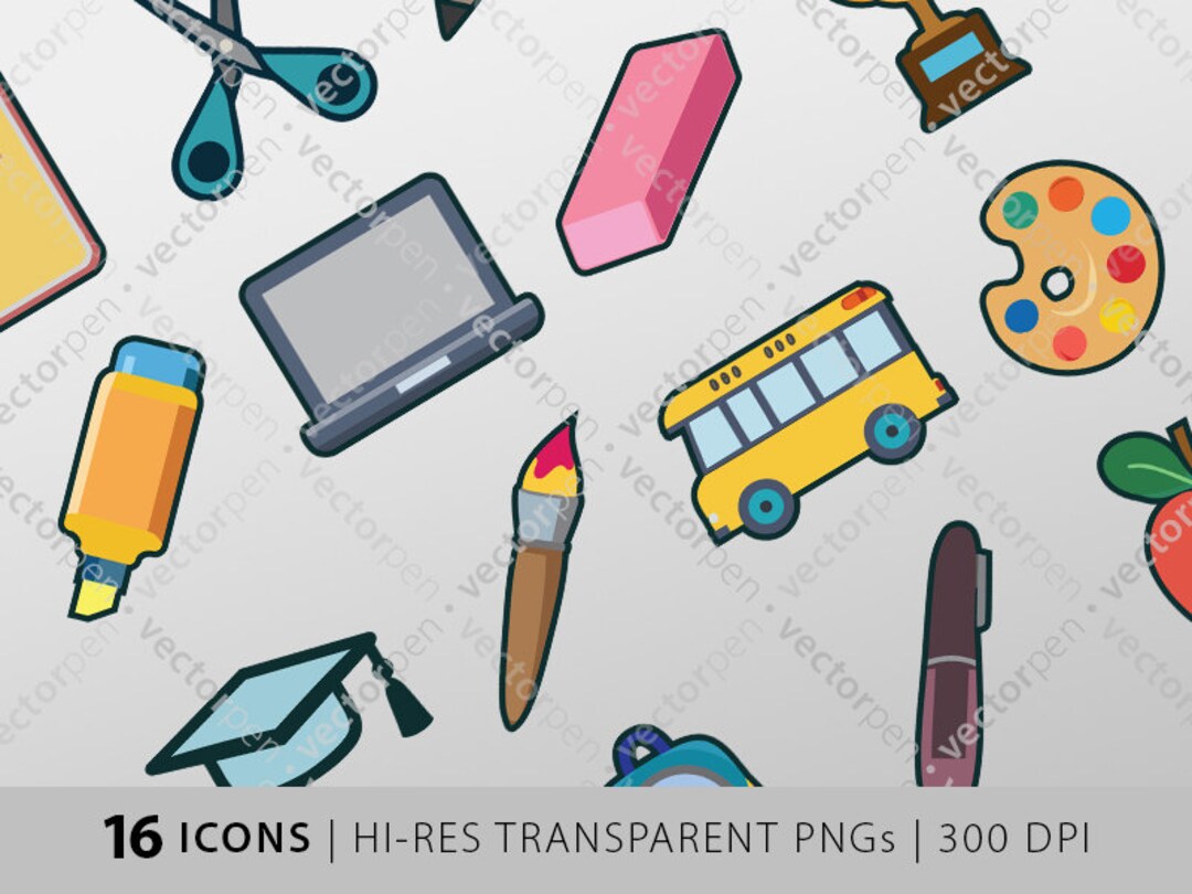 Colorful School & Classroom Icon Pack | 16 PNG Icons | Sublimation or ...