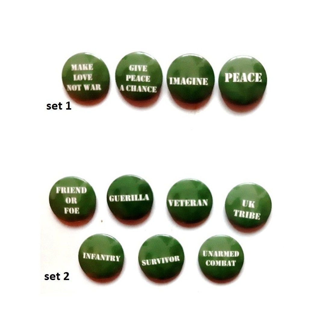 Peace / Combat Badges . You Choose Designs: Set 1 X 4 Badges Peace Love ...