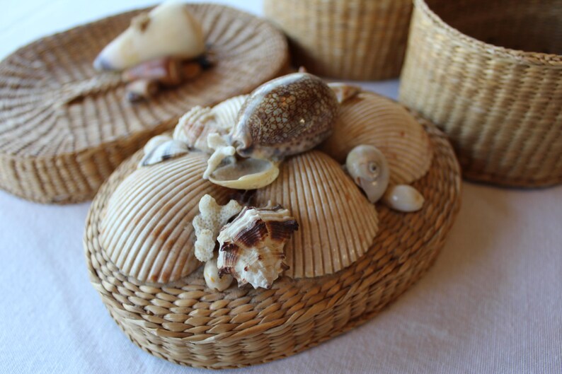 Set of 2 Vintage Wicker Seashell Decorative Baskets - Etsy