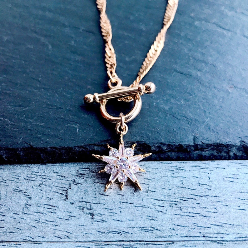 Gold Filled Star Toggle Necklace: CZ Crystal Pendant, Layered Set ...