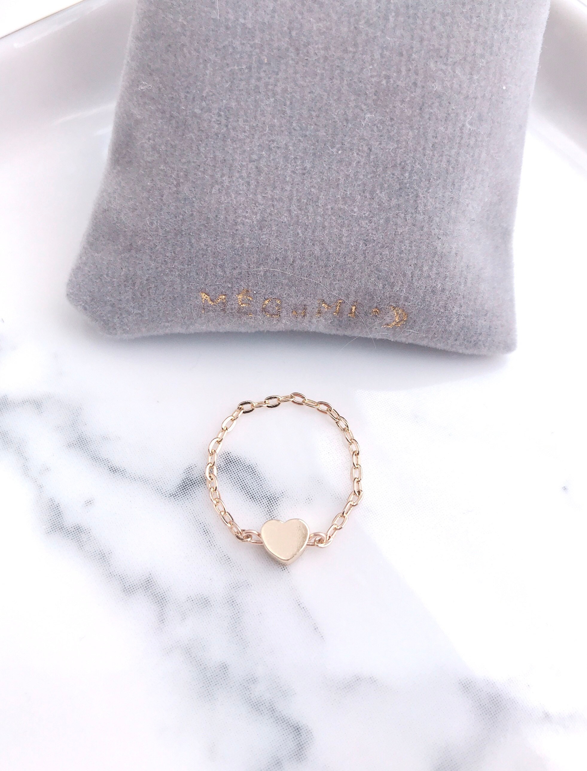 Heart Chain Ring. 14K Gold-filled Heart Charm. Stackable Ring, Promise ...