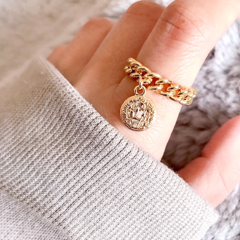 CHUNKY CHAIN RING With Ancient Coin Charm 24K Gold-filled - Etsy