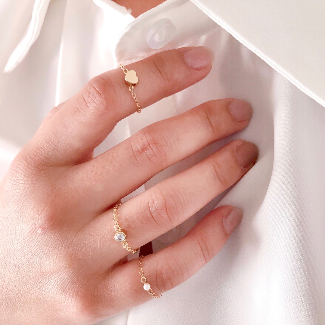 Heart Chain Ring. 14K Gold-filled Heart Charm. Stackable Ring, Promise ...