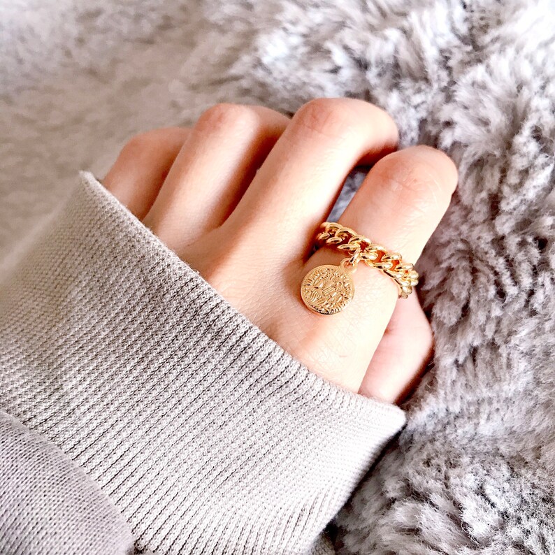 CHUNKY CHAIN RING With Ancient Coin Charm 24K Gold-filled - Etsy