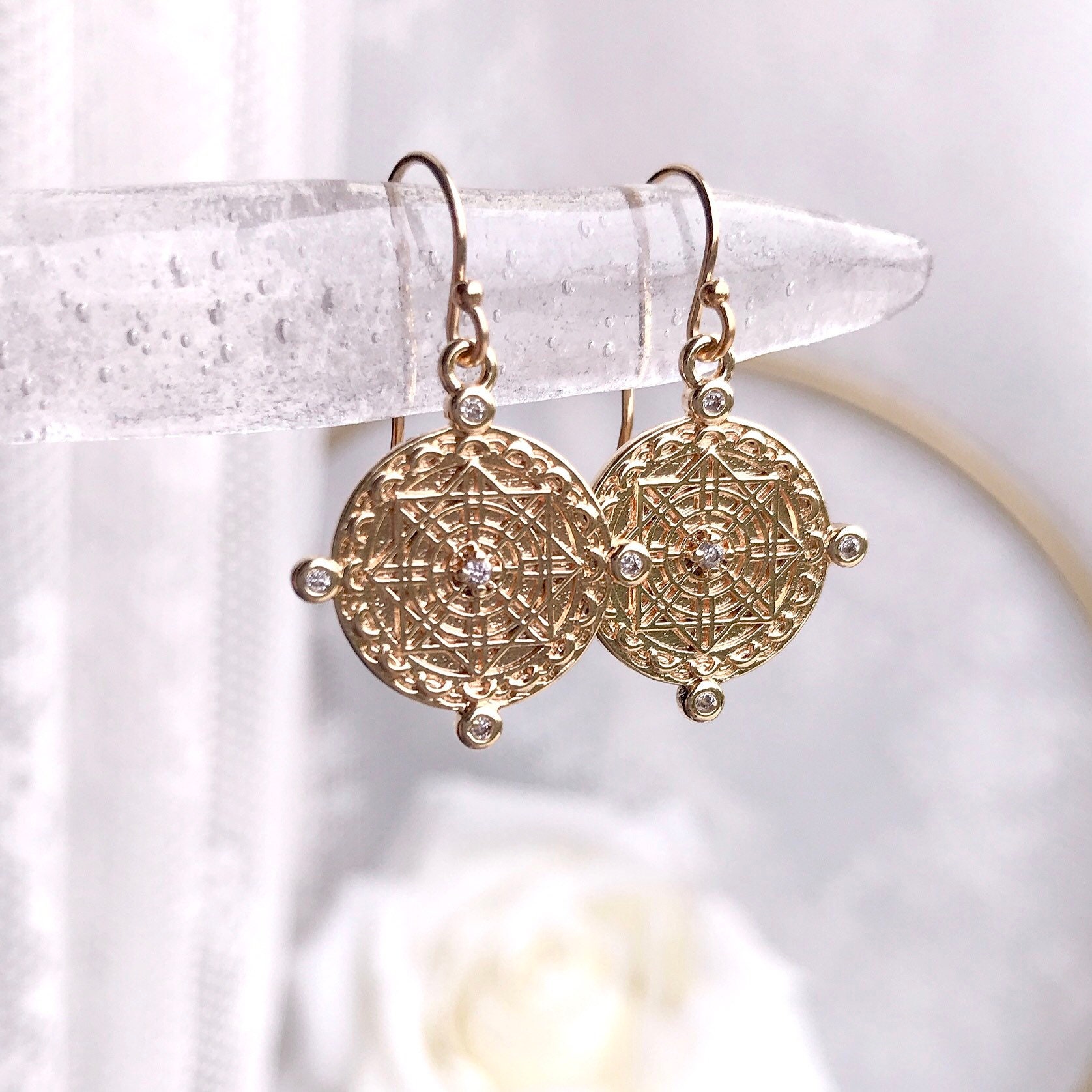 Magic Circle Coin Earrings, 14K Gold Mandala Jewellery, Gold Medallion ...