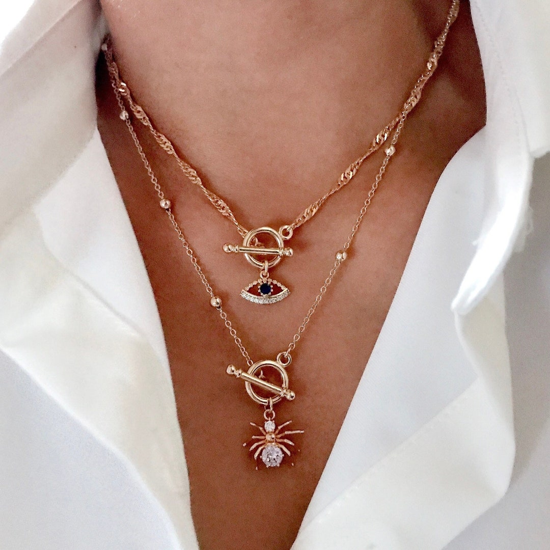 Gold Filled Evil Eye Toggle Necklace: Sapphire CZ Amulet Pendant ...