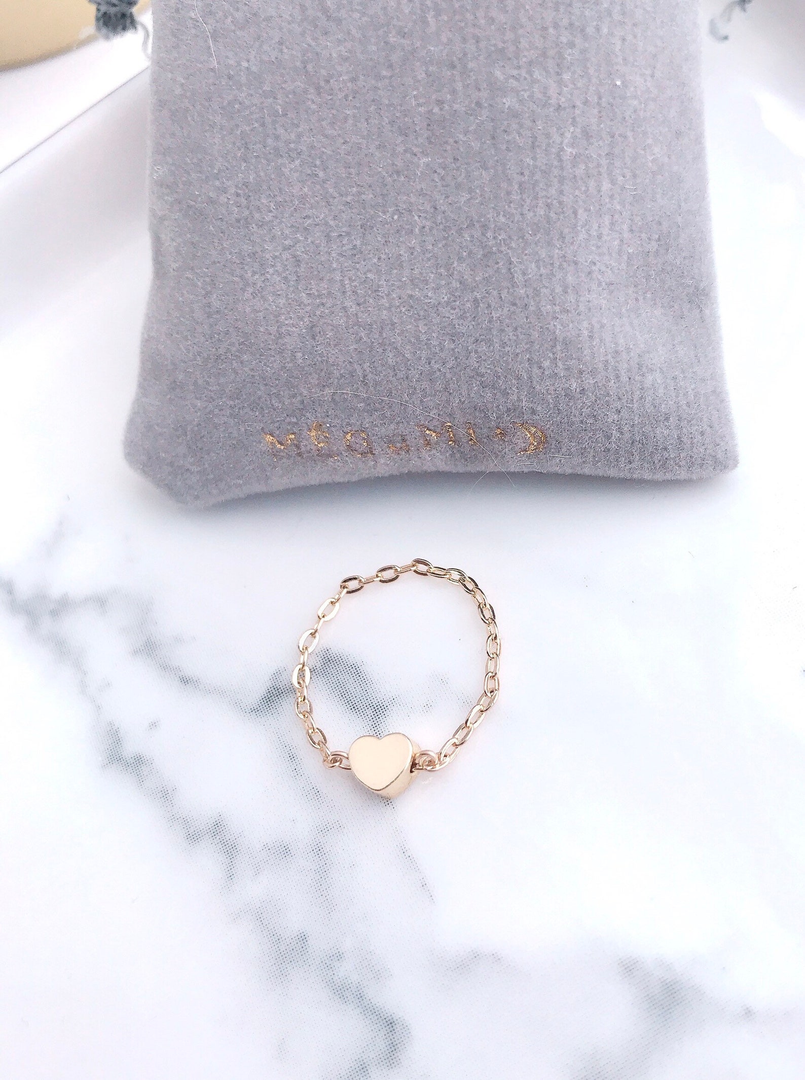 Heart Chain Ring. 14K Gold-filled Heart Charm. Stackable Ring, Promise ...