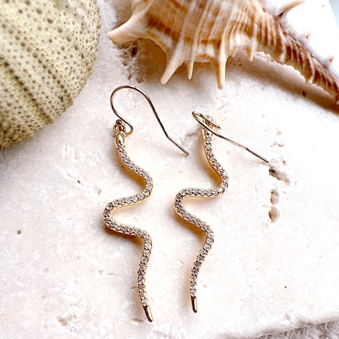 Sparkly Snake Earrings - 18K Gold Serpent, Long Charm Gold Earring ...