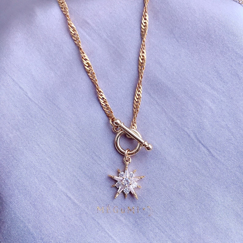Gold Filled Star Toggle Necklace: CZ Crystal Pendant, Layered Set ...